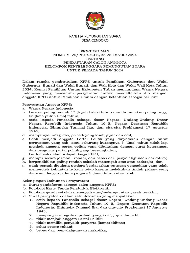 Pengumuman Pps Pendaftaran Kpps 2024 | PDF