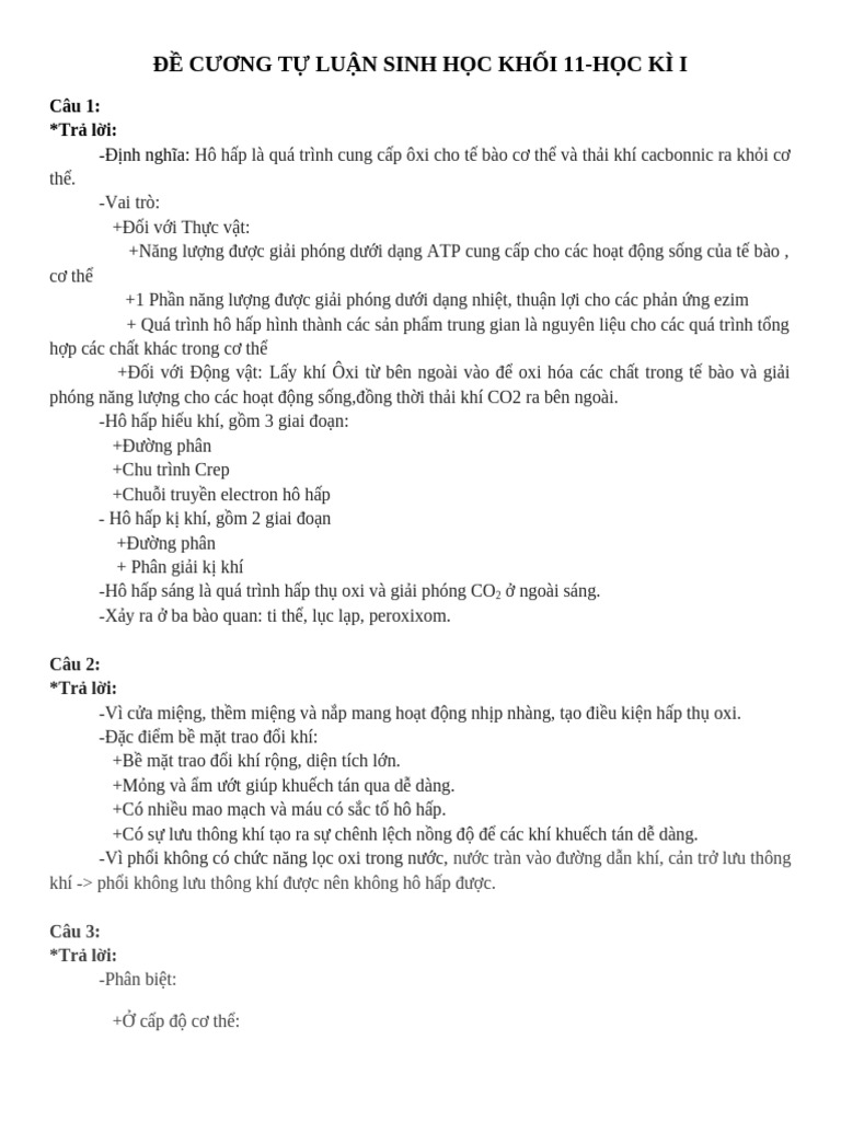 ĐỀ CƯƠNG TL SINH HỌC HKI | PDF