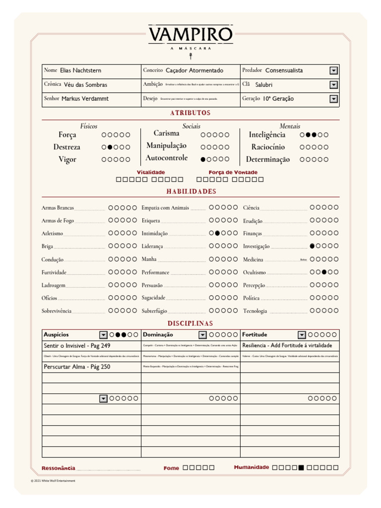 Ficha de Personagem V5 Elias Nachtstern - Salubri | PDF