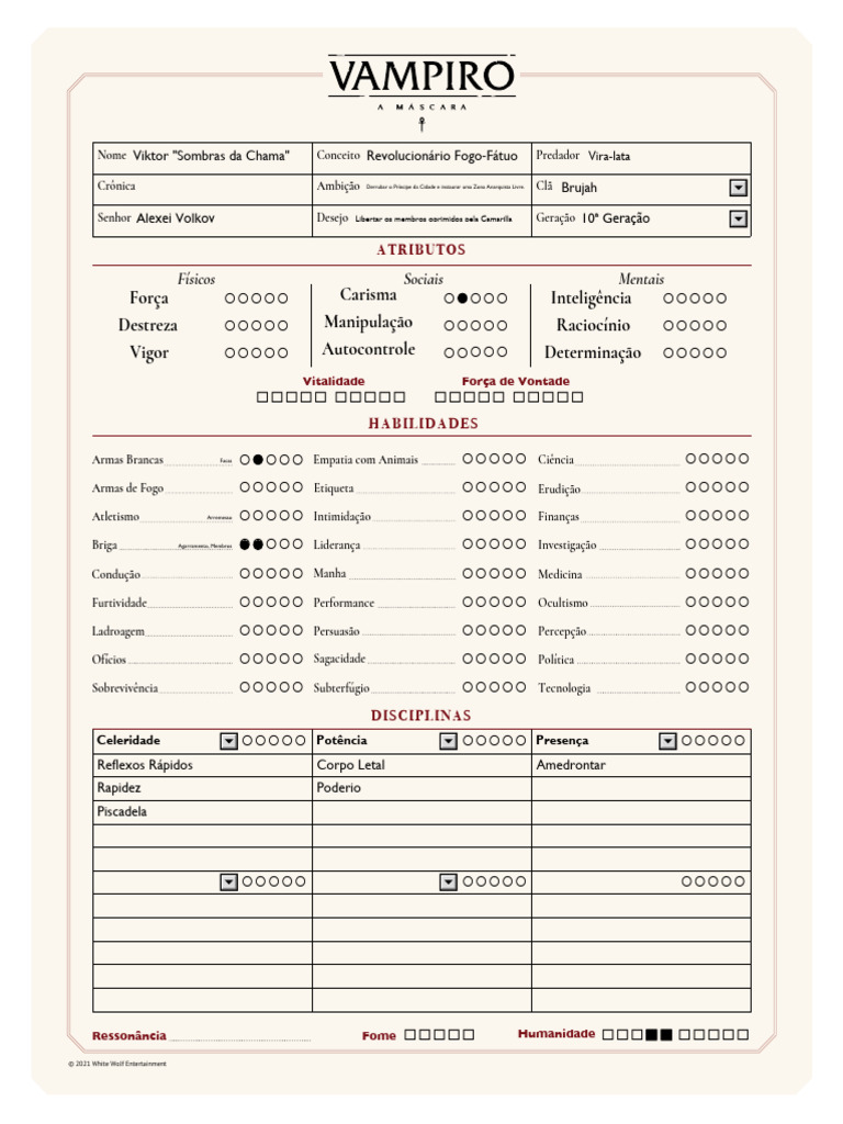 Ficha de Personagem V5 Viktor Sombra Da Chama | PDF