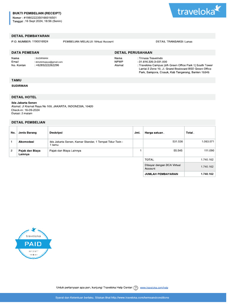 Invoice Hotel Ibis Jakarta | PDF