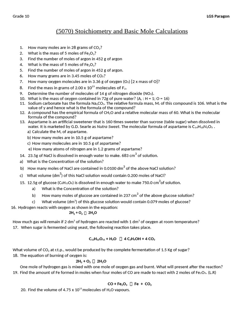 Stoichiometry and Basic Mole Calculations | PDF