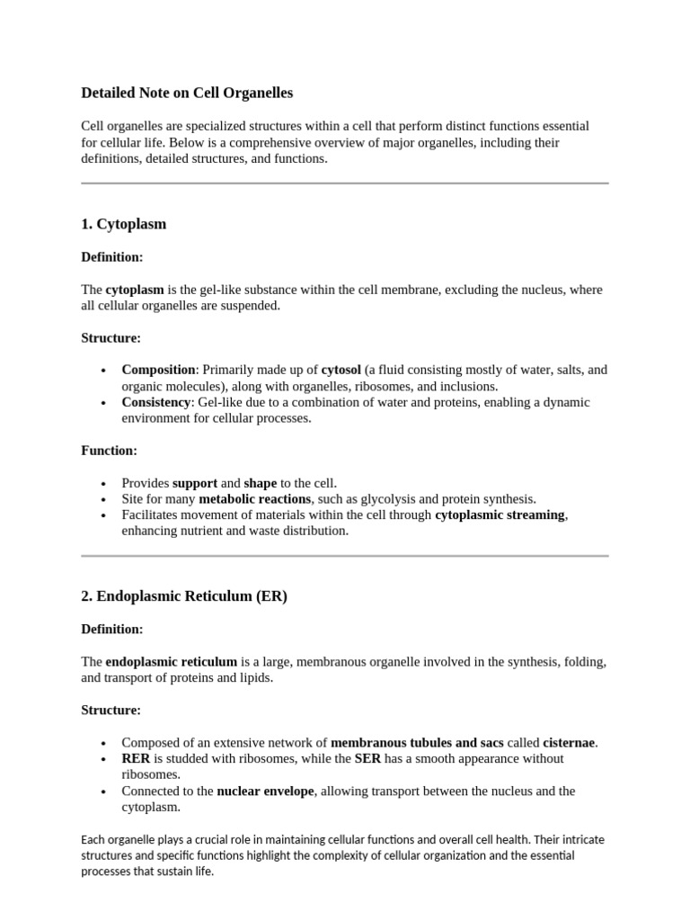 Detailed Note on Cell Organelles | PDF