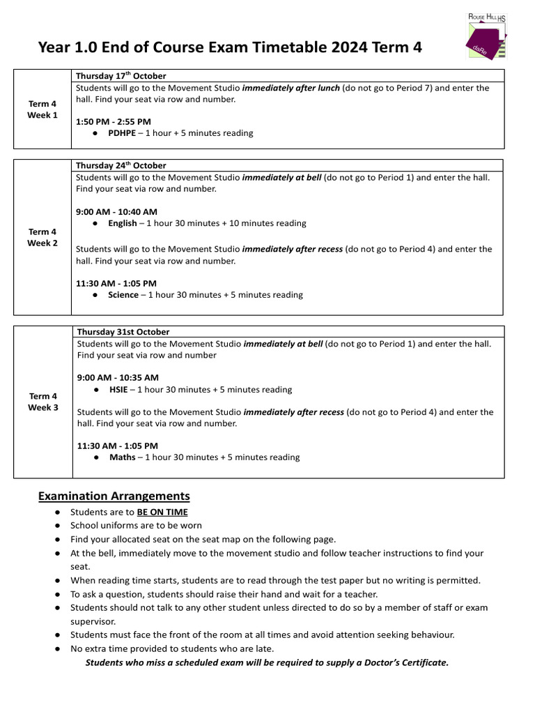 2024 Year 1.0 End of Course Examination Timetable | PDF