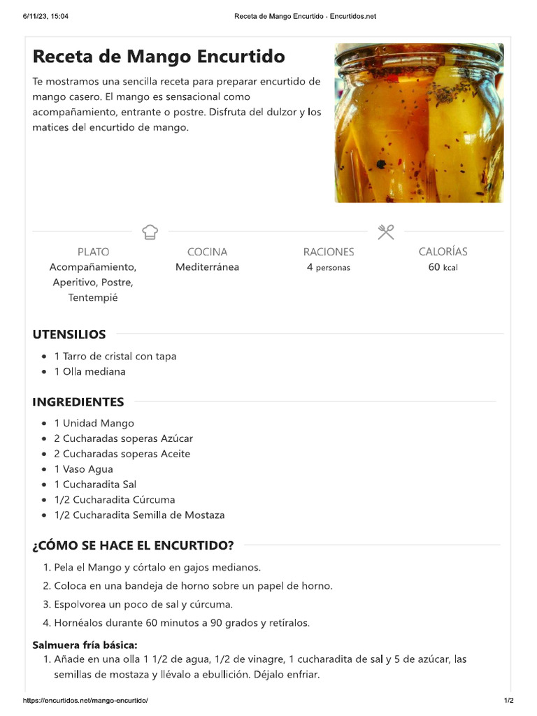 Receta de Mango Encurtido - Encurtidos | PDF