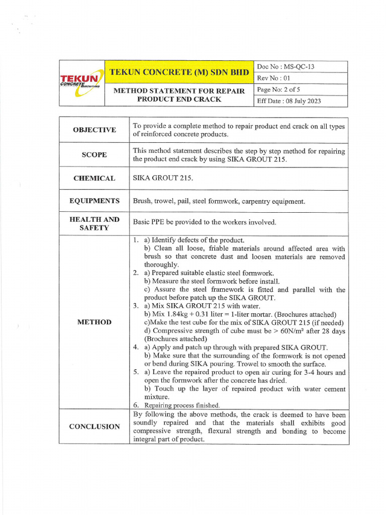 Method Statement - Repair Product End Crack Use Sika Grout 215 | PDF