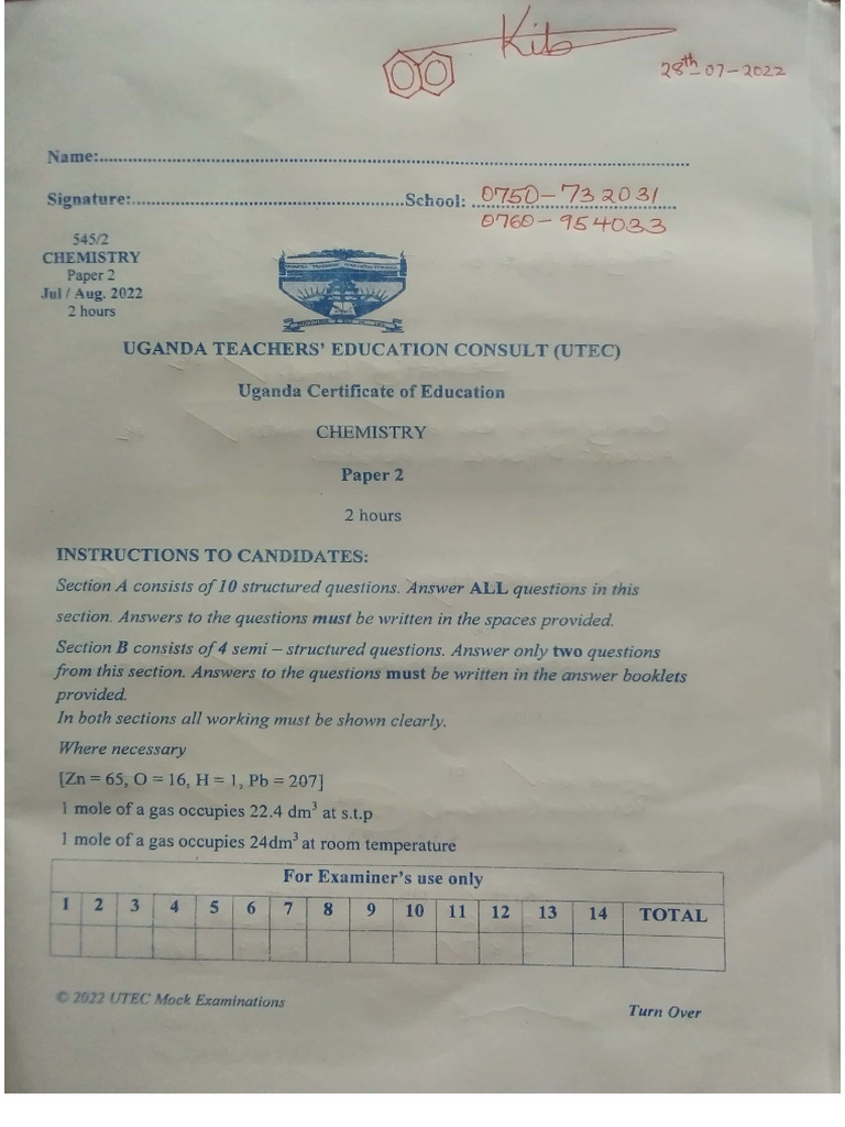 s4 Chemistry Paper 2 Utec Mock Examinations 2022. | PDF