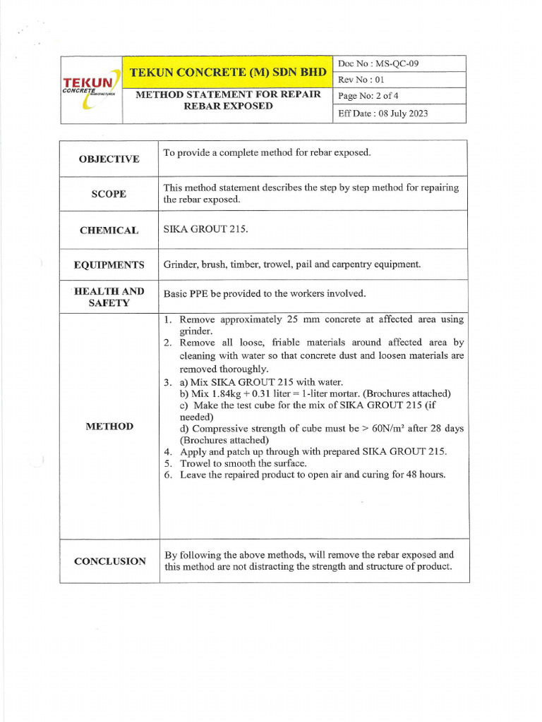 Method Statement - Mos For Repair Rebar Exposed | PDF