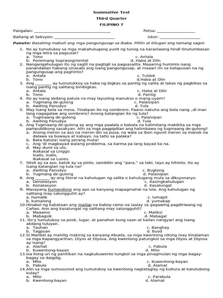 Summative Test FILIPINO 7 For Merge | PDF