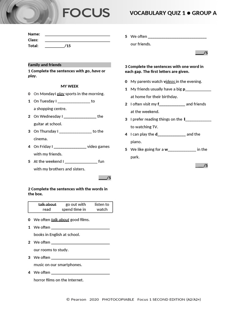 Focus1 2E Vocabulary Quiz Unit1 GroupA | PDF