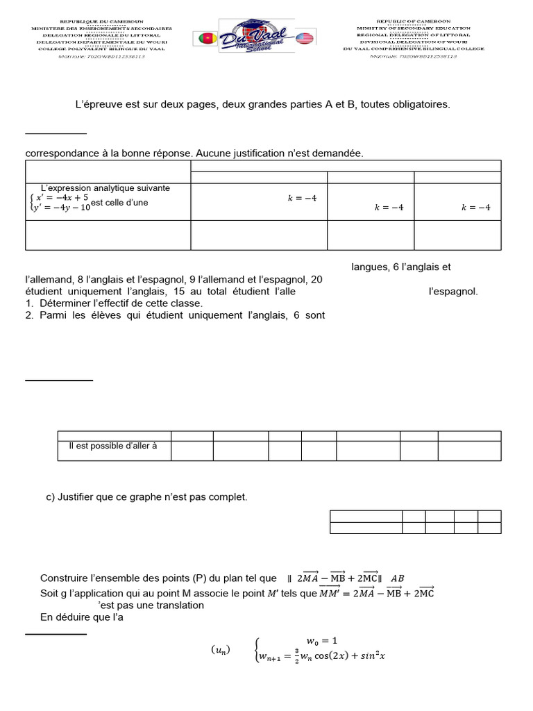 Col Duvaal Maths Probatoire Blanc PD | PDF