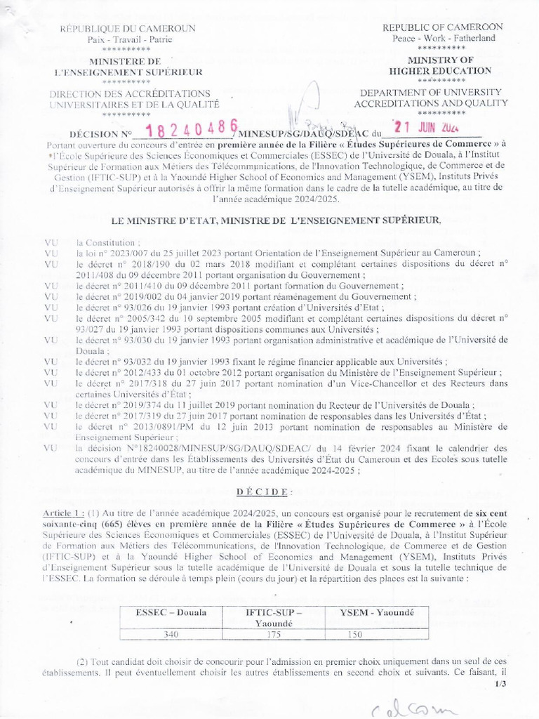 Concours D'entrée 1èrea Filière Etudes Supérieures de Commerce ESSEC ...