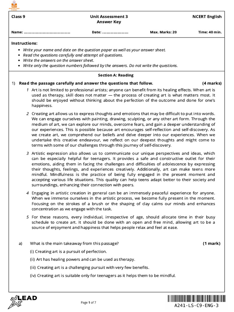 Class9 - NCERT English - ASM-1 - AnswerKey 3474 | PDF