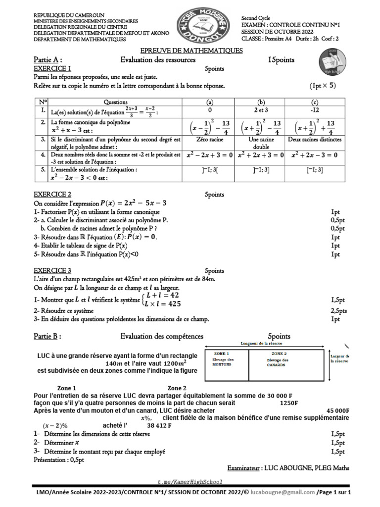 LycéeMOngot Maths 1èrea4 CC1 2022 | PDF