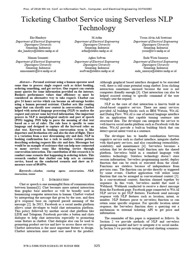 Ticketing Chatbot Service Using Serverless NLP Technology | PDF