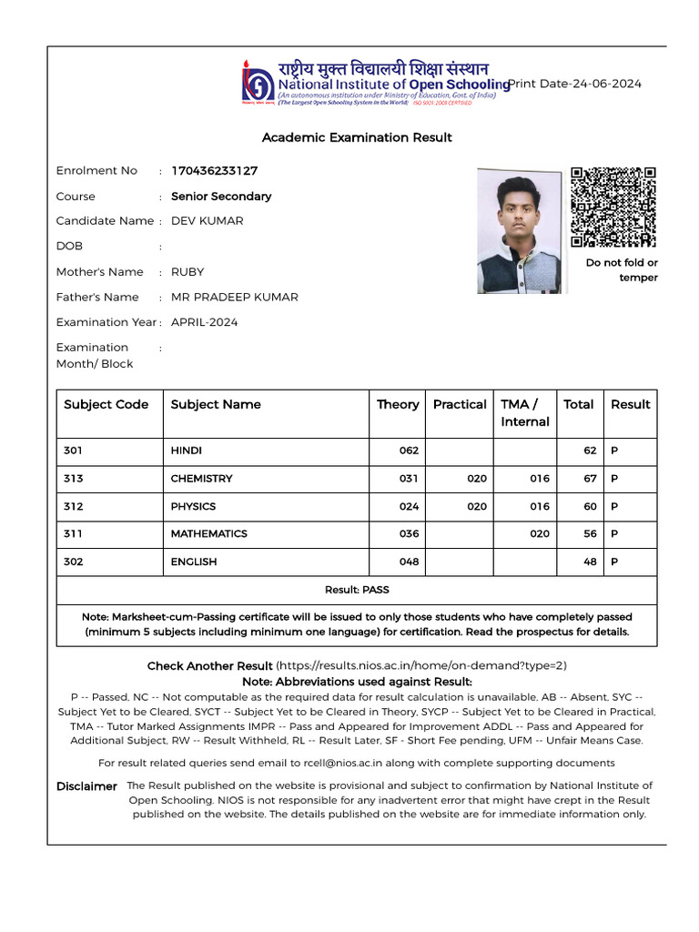 Dev NIOS Result | PDF