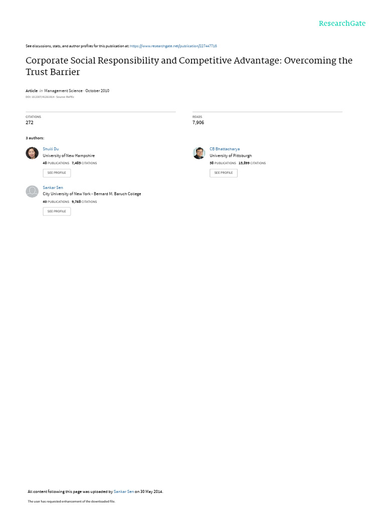 Du, S., Bhattacharya 2010 Corporate Social Responsibility and Competitive Advantage | PDF ...