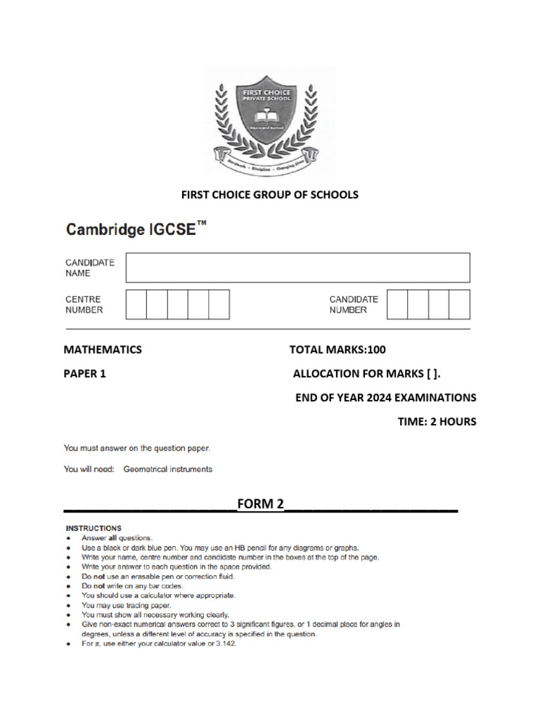 Form 2 End Year Exam 2024: Maths | PDF