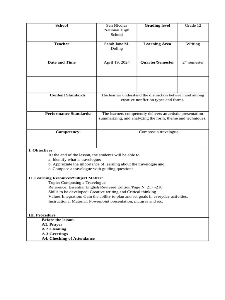 Travelogue Lesson Plan | PDF