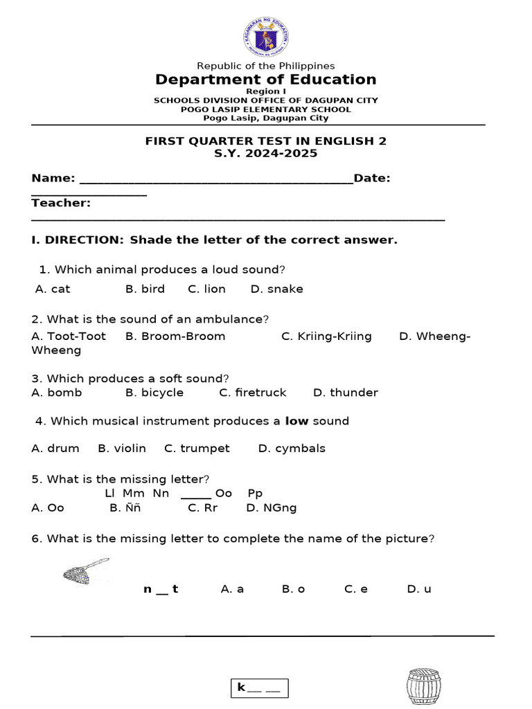 Grade 2 First Quarter Exam 2025 | PDF