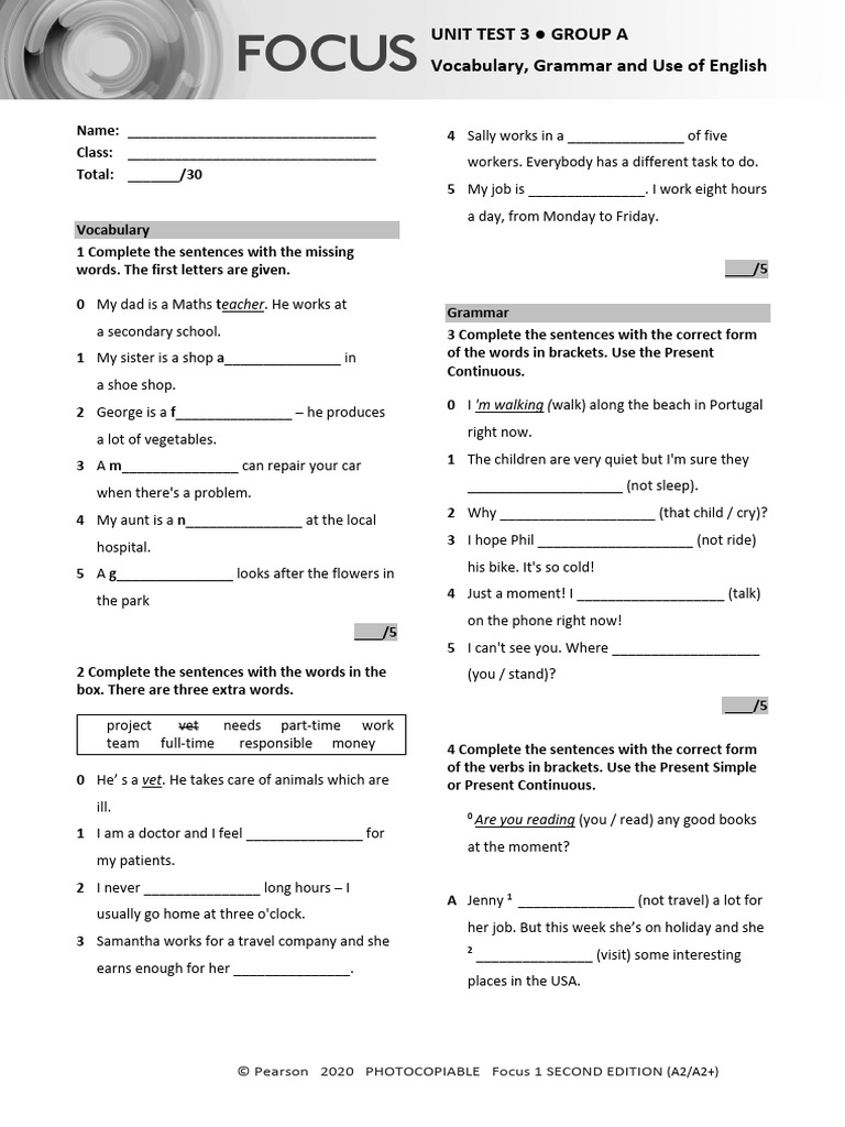 Focus1 2E Unit Test Vocabulary Grammar UoE Unit3 GroupA | PDF