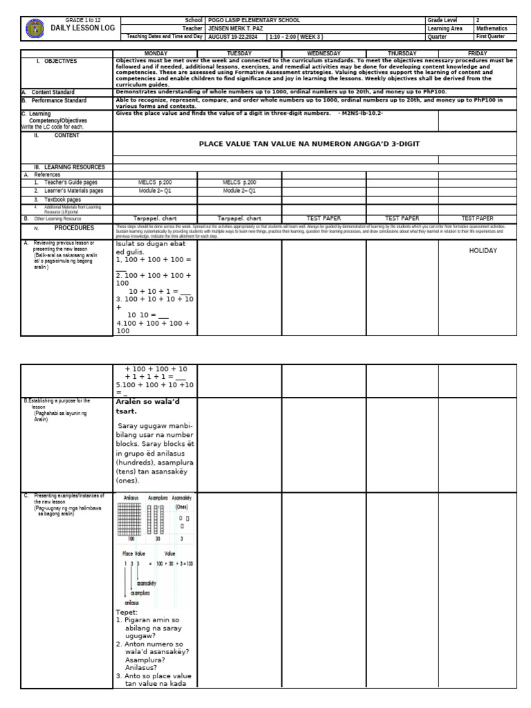 DLL MATH Q1 Week3 | PDF | Curriculum | Teachers