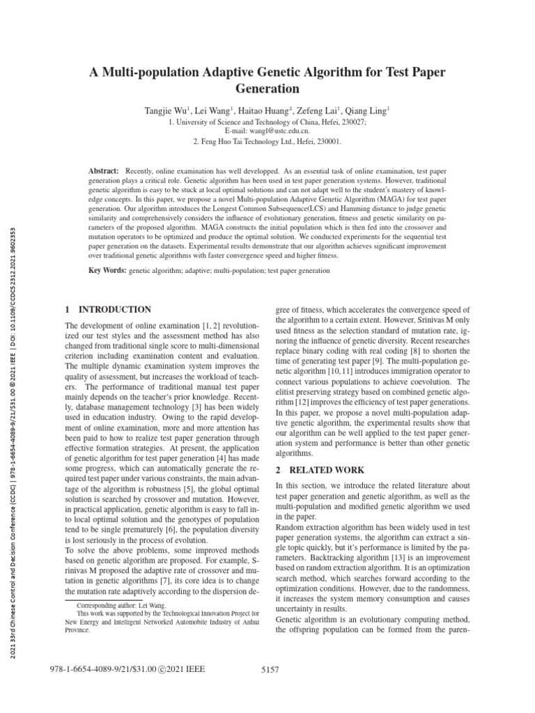 A Multi-Population Adaptive Genetic Algorithm For Test Paper Generation ...