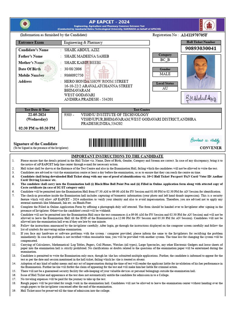 Ap Eapcet - 2024 | PDF | Identity Document