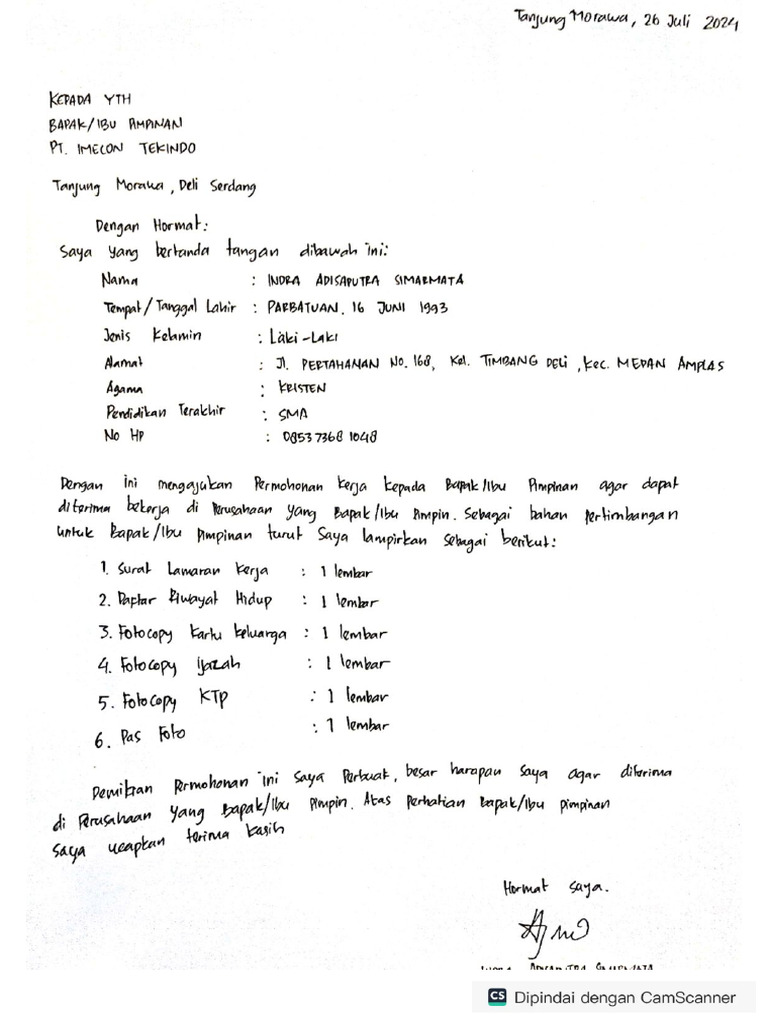 Lamaran Kerja - Indra Adisaputra Simarmata | PDF