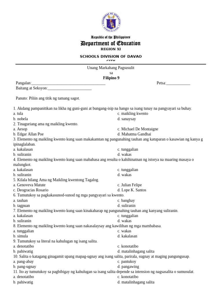 Filipino Exam Q1 | PDF