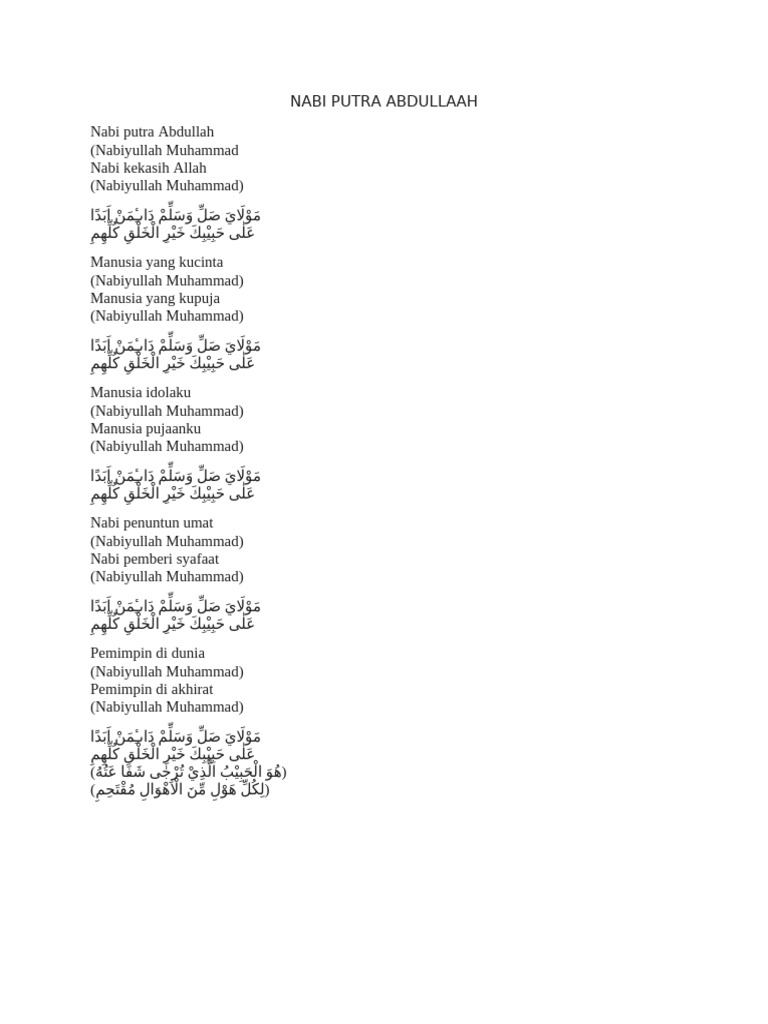 Lirik Nabi Putra Abdullaah | PDF