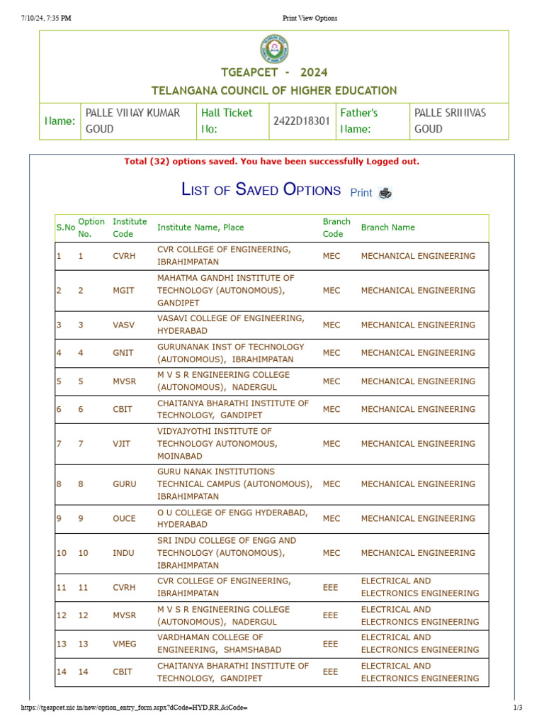 List of Saved Options | PDF