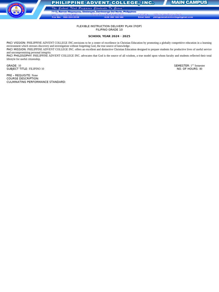 Fidp Sa Filipino Grade 10 S.Y. 2024 - 2025 | PDF