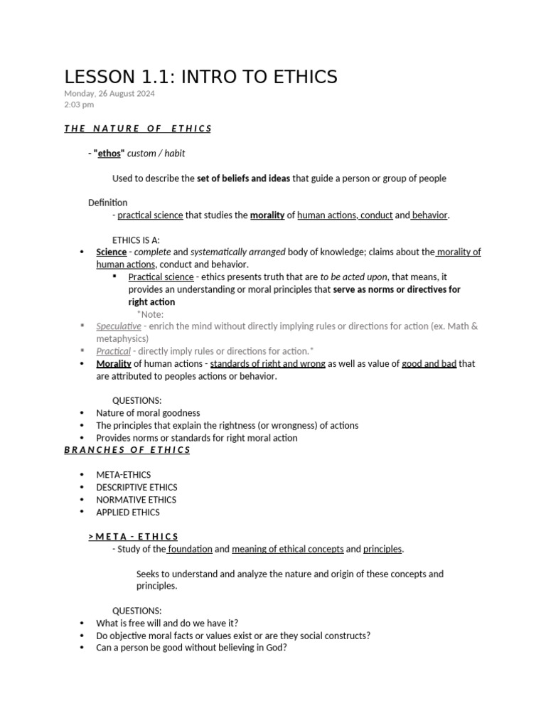 Lesson 1.1 Intro To Ethics | PDF