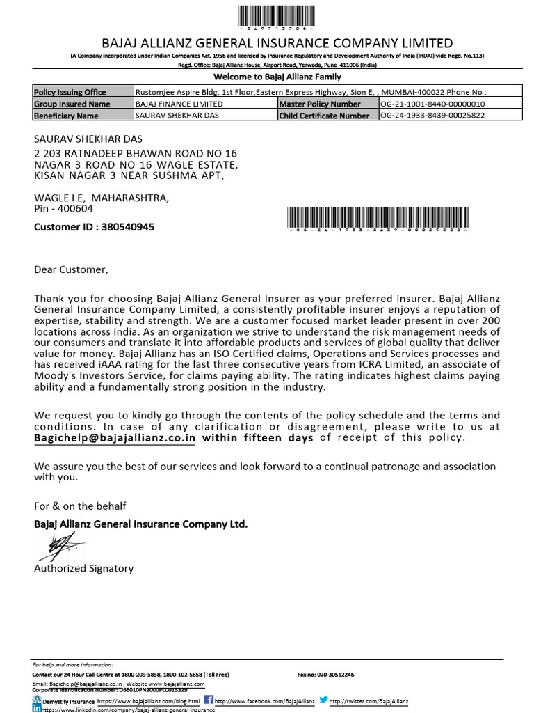Bajaj Allianz General Insurance - Policy Document | PDF