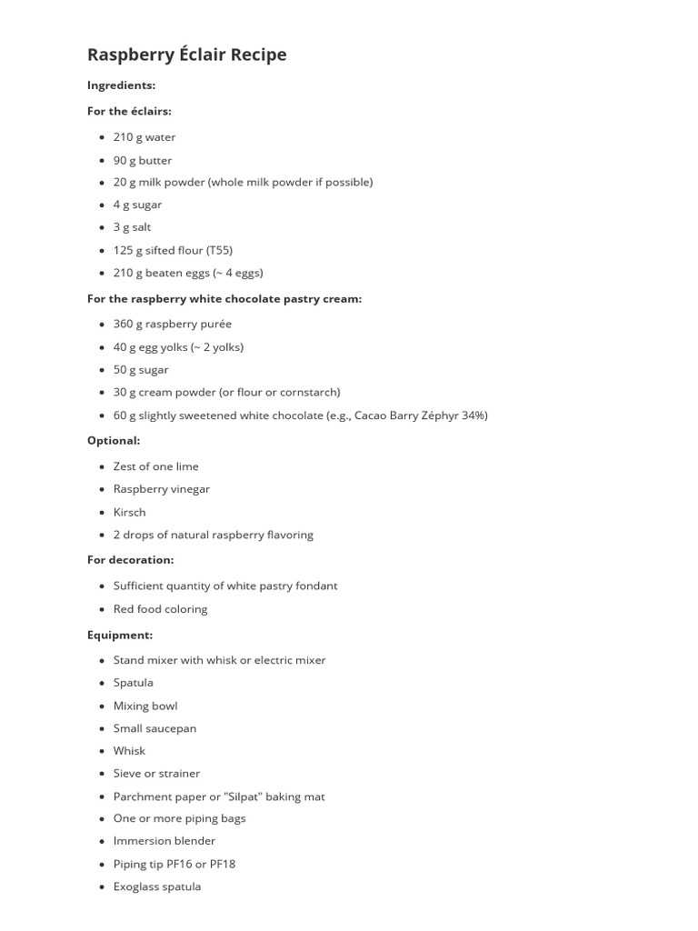 Raspberry Éclair Recipe | PDF | Custard | Foods