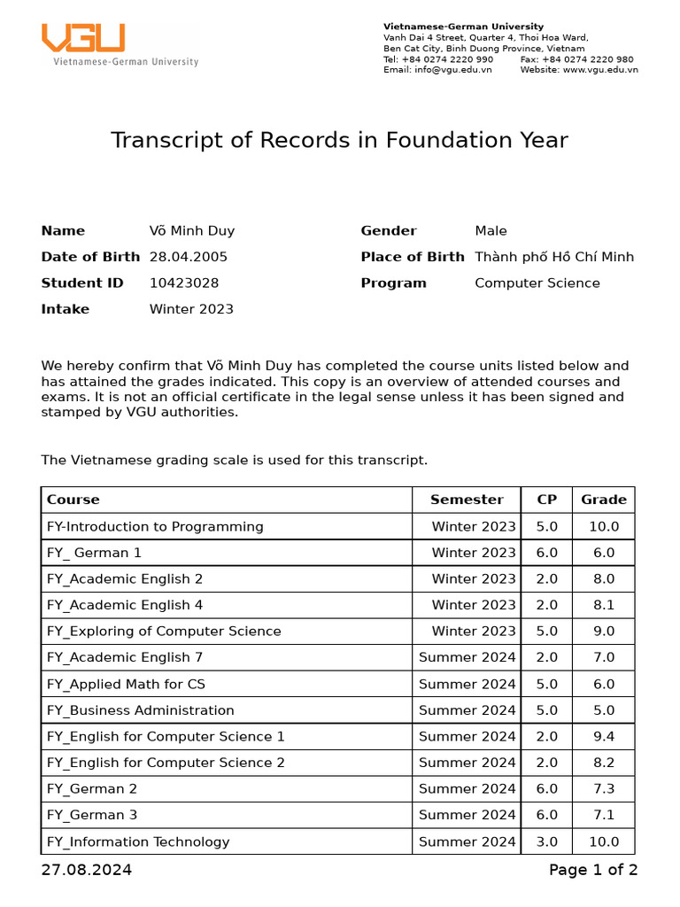 Transcript of Records in Foundation Year: Name Date of Birth Student ID ...