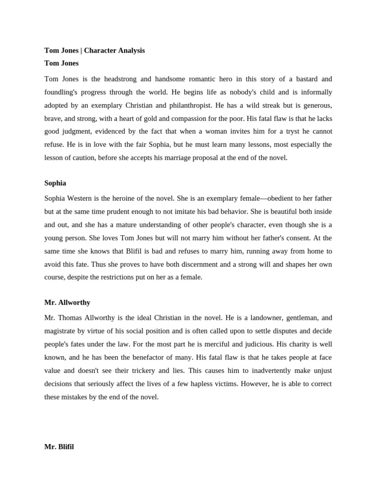Tom Jones Character Analysis | PDF