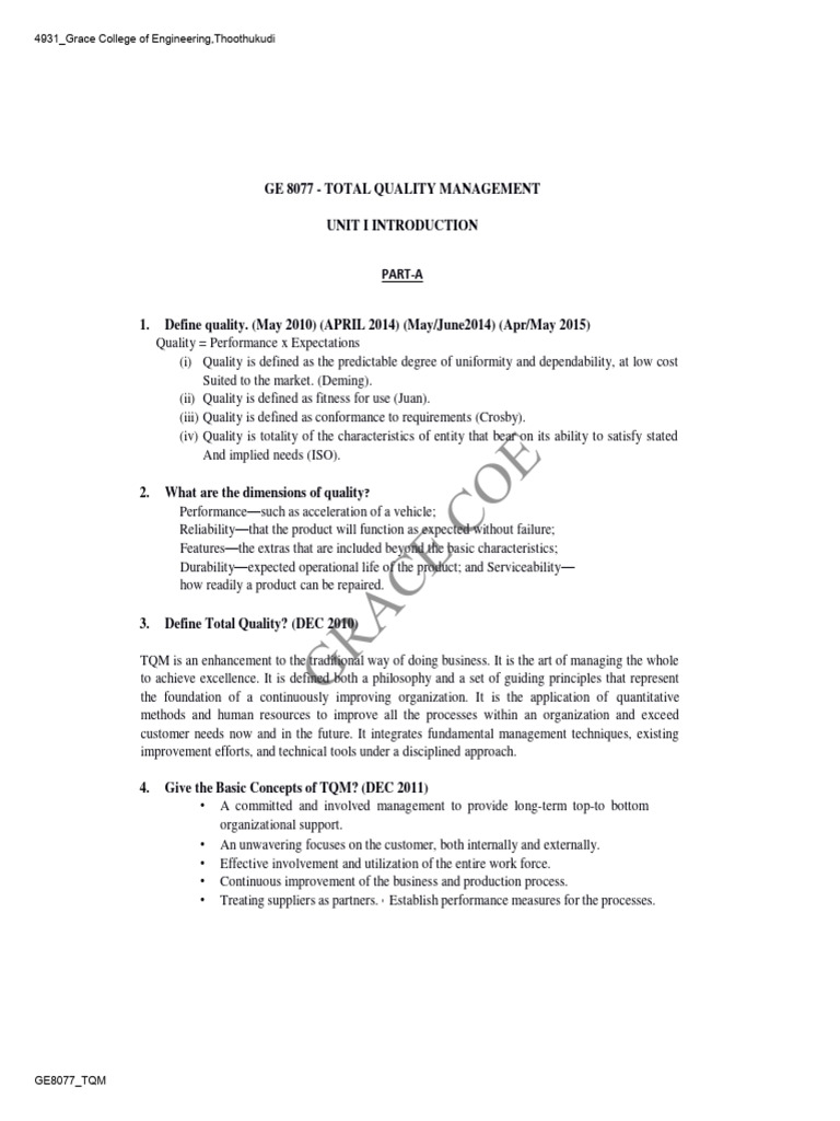 Vii Civil Ge8077 TQM QB Unit1 | PDF | Quality (Business) | Business