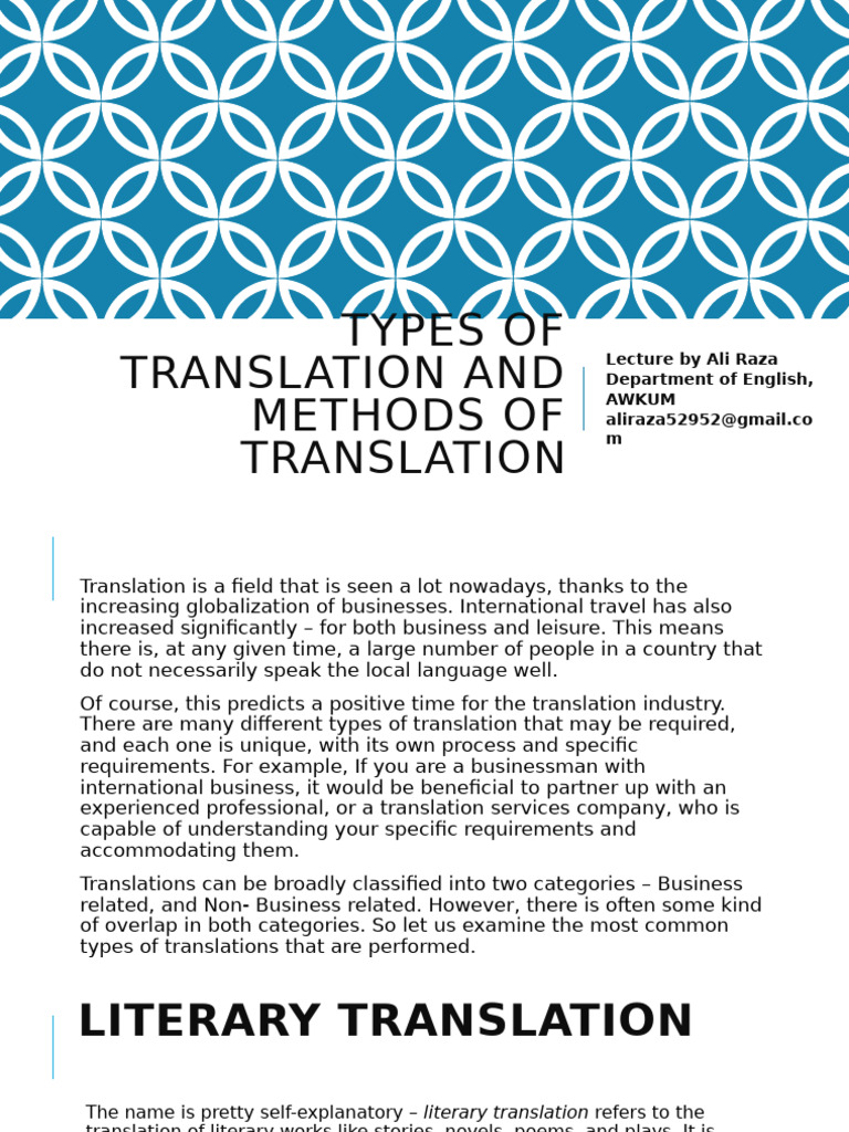 Types of Translation and Methods of Translation - Ali Raza | PDF