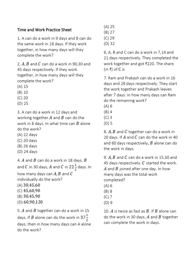 Practice Sheet Time and Work | PDF