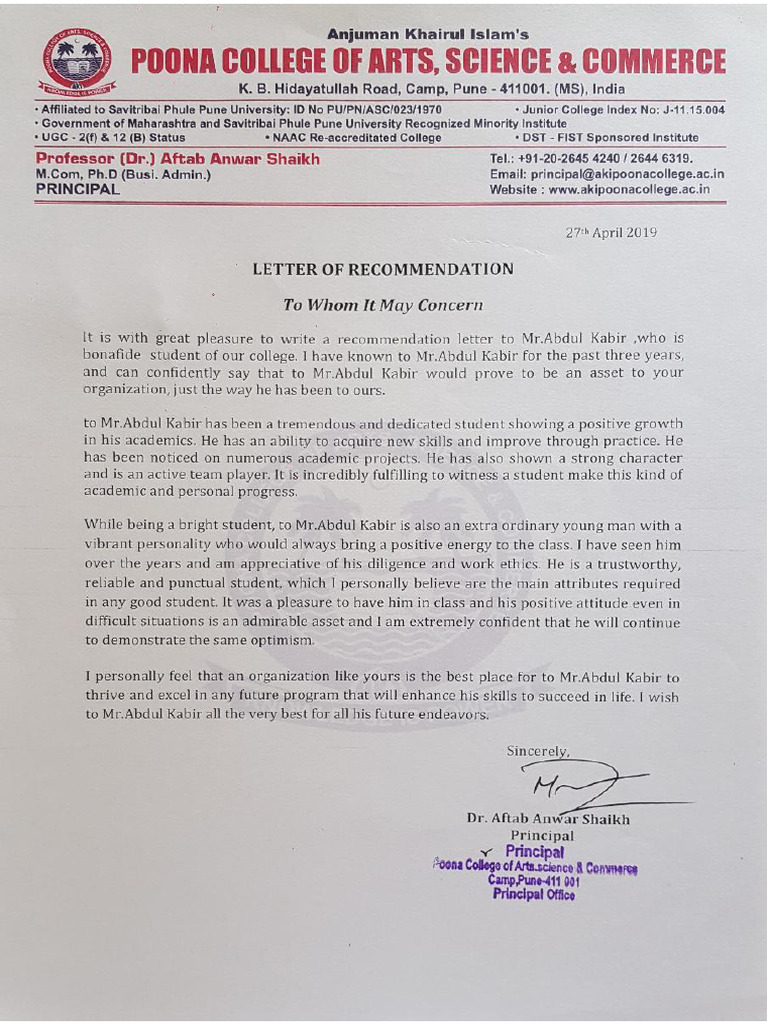 Recomendation Letter of BBA | PDF