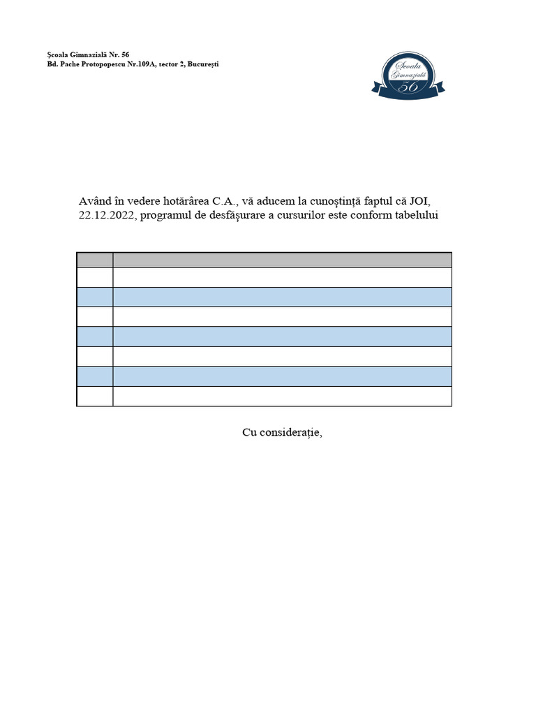 Program Scoala 56 Joi 22.12 | PDF