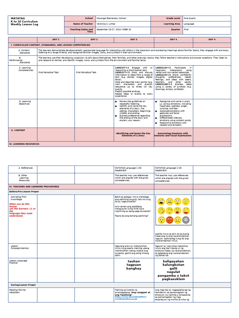 Grade 1 DLL Matatag Week 1 Overview | PDF | Learning | Curriculum