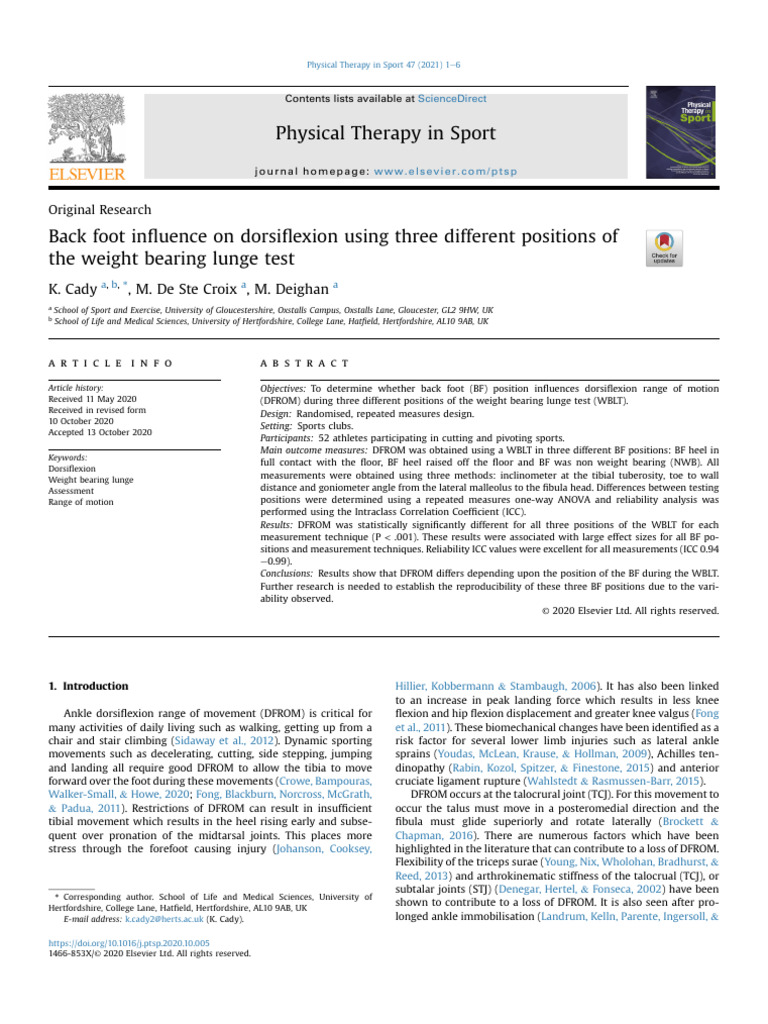 Back Foot Influence On Dorsiflexion Using Three Different Positions | PDF