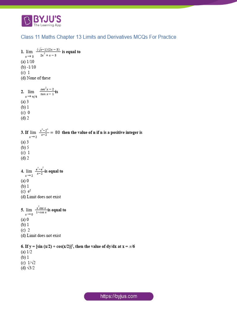 Class 11 Maths Chapter 13 Limits and Derivatives MCQs | PDF