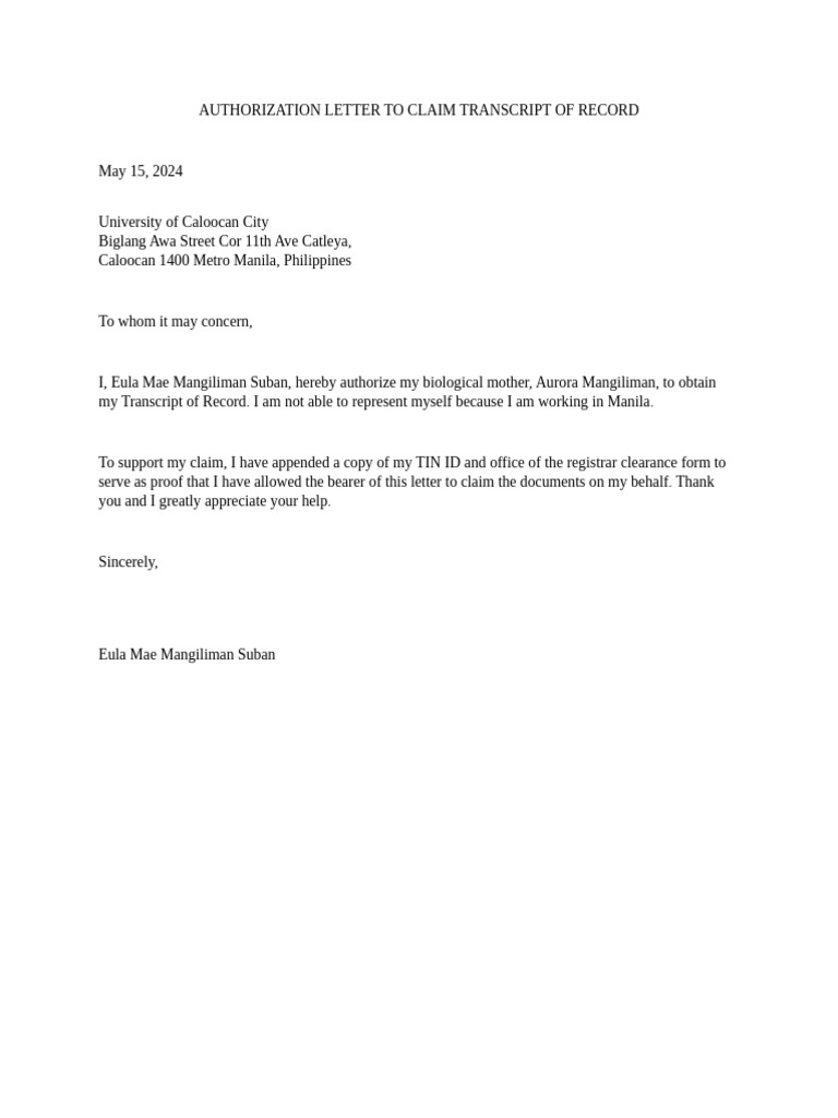 Authorization Letter to Claim Transcript of Record | PDF