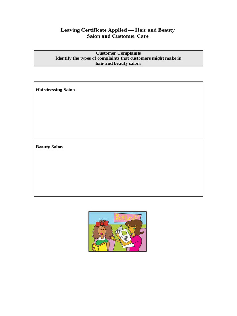 Hair and Beauty Module 1-Salon Customer Care Worksheet 12 | PDF