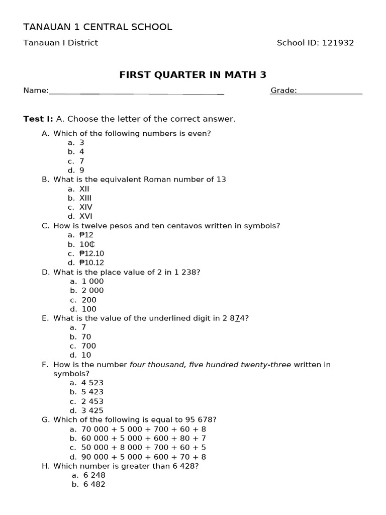 1st quarter Examination (Math) | PDF