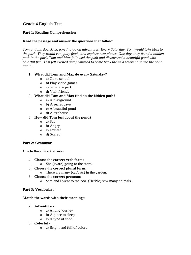 Grade 4 English Test | PDF